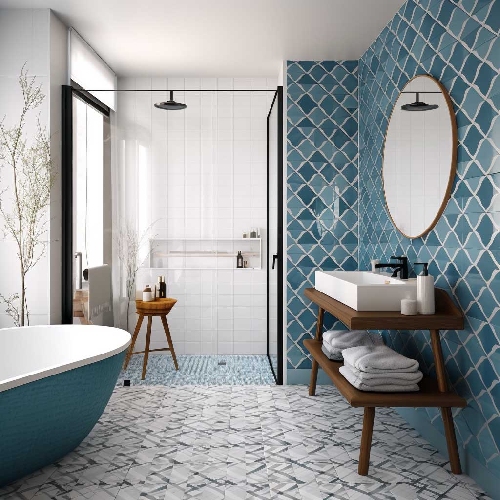 Blue Geometric Tile Refreshes a Contemporary Bathroom • ArtFasad