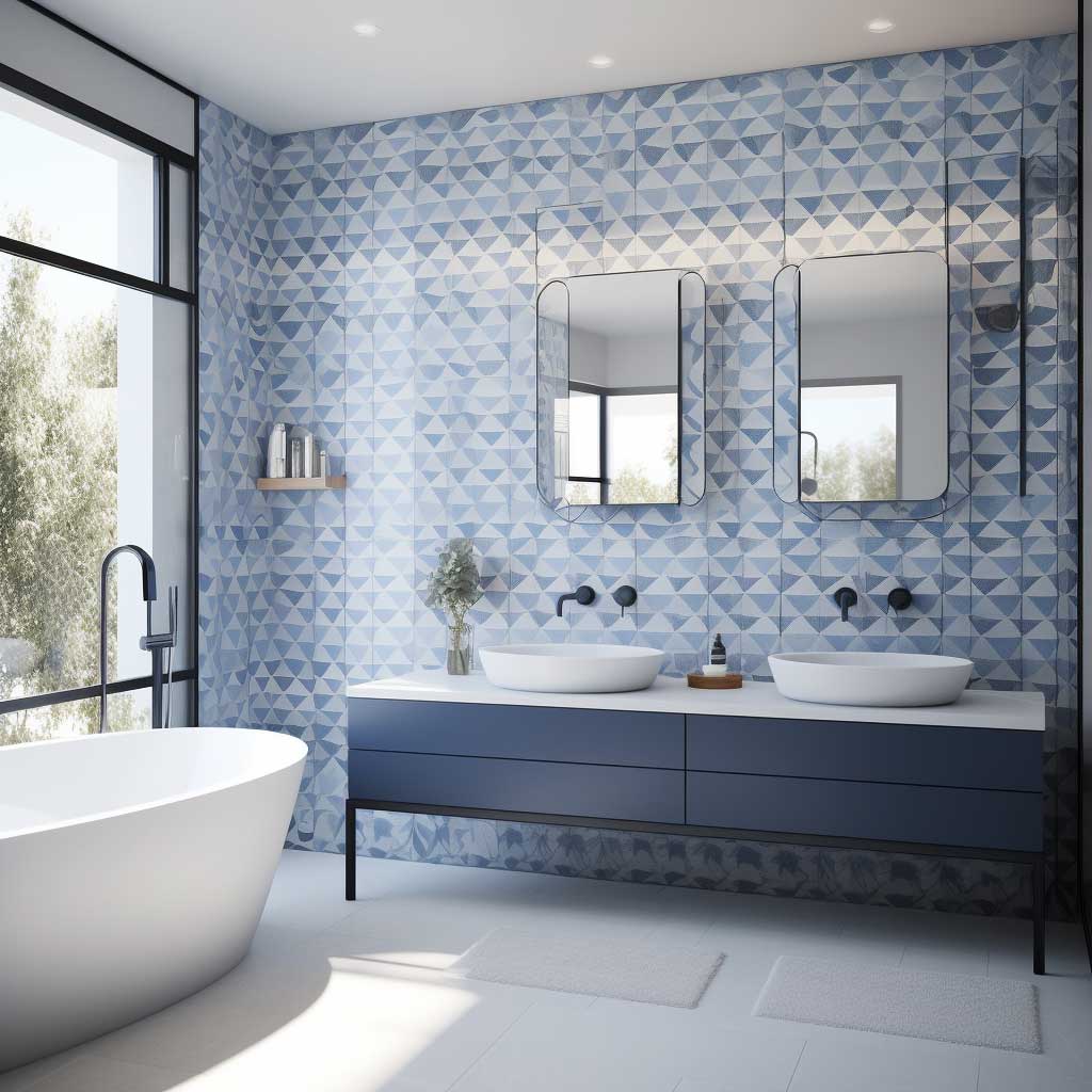Blue Geometric Tile Refreshes a Contemporary Bathroom • ArtFasad