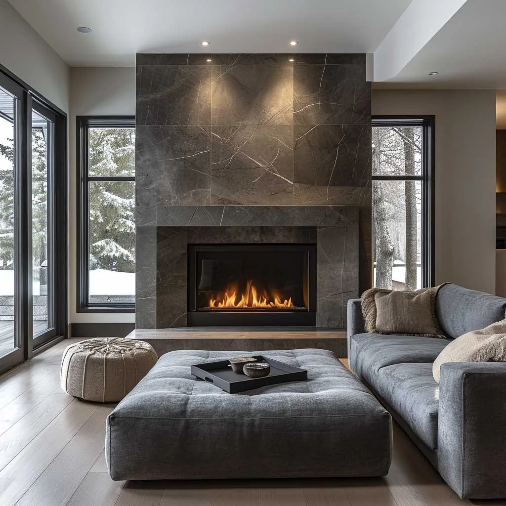 Minimalist living room with fireplace store